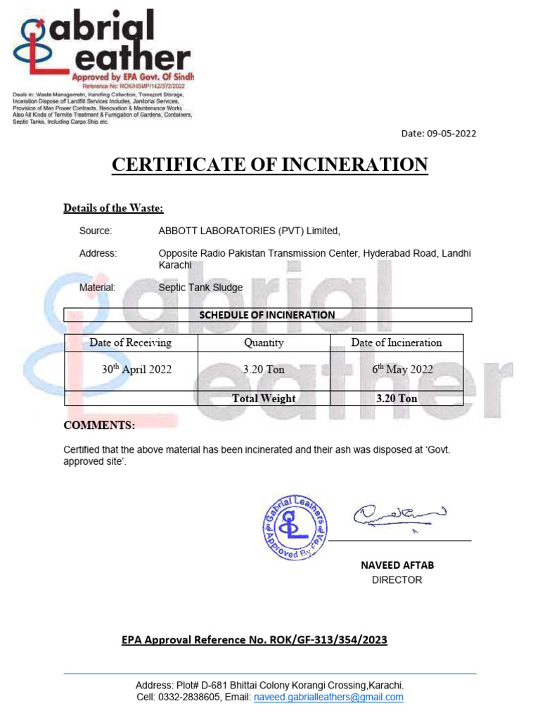 Certificate of Incineration for Waste | PDF