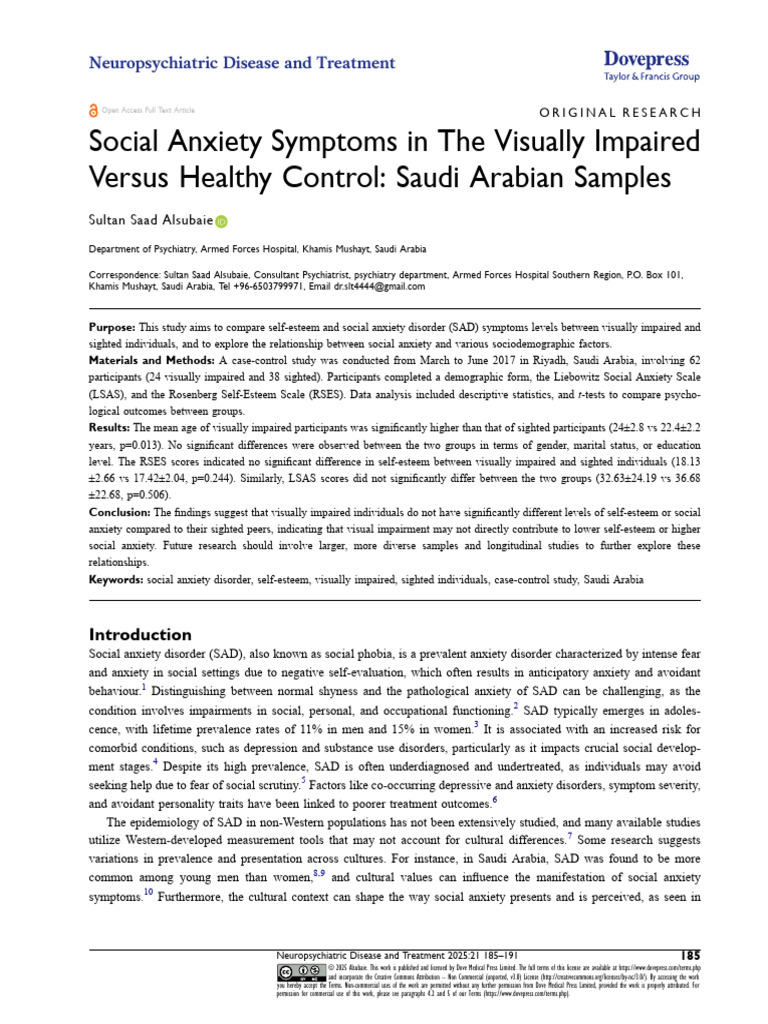 Social Anxiety Symptoms in The Visually Impaired V | PDF | Social ...