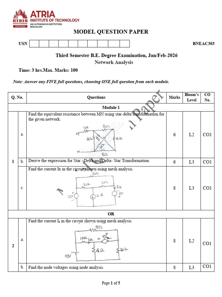 Network Analysis Model Question Paper | PDF | Network Analysis ...