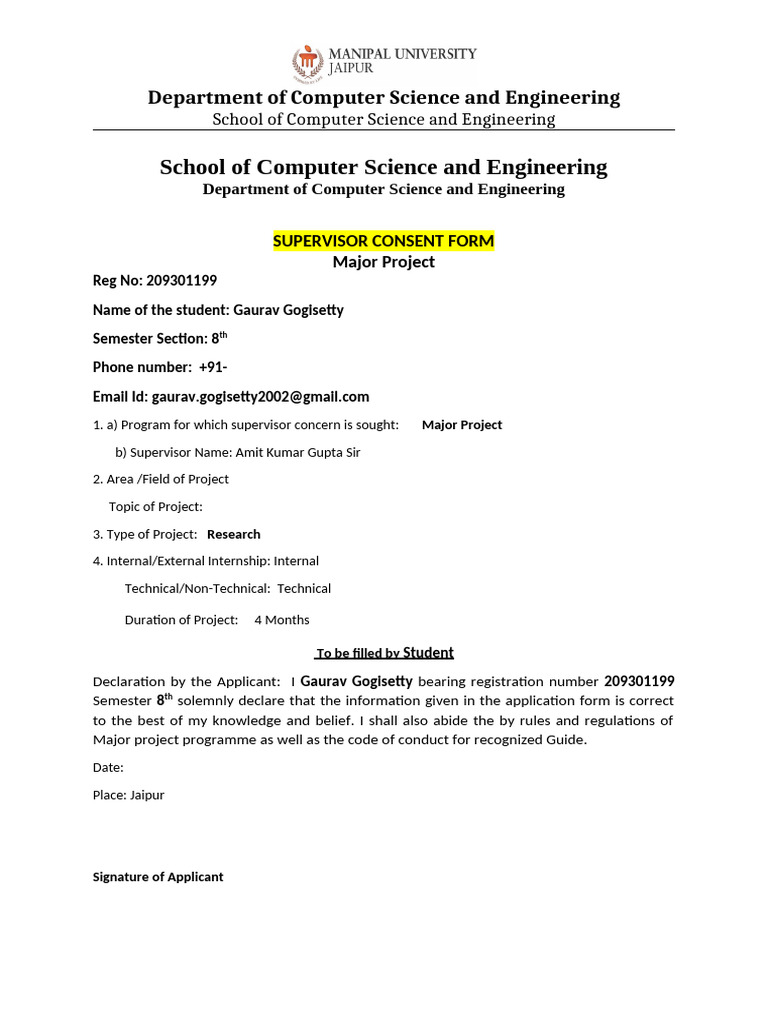 Major Project Supervisor Consent Form | PDF