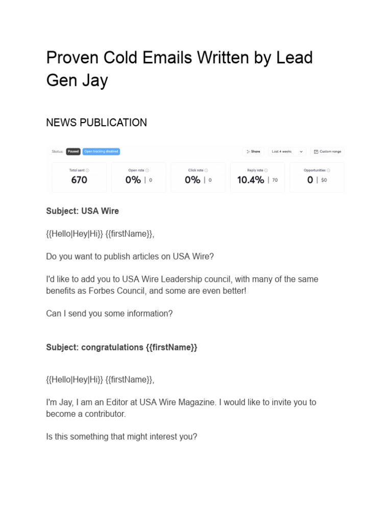 Proven Cold Emails Written by Lead Gen Jay | PDF
