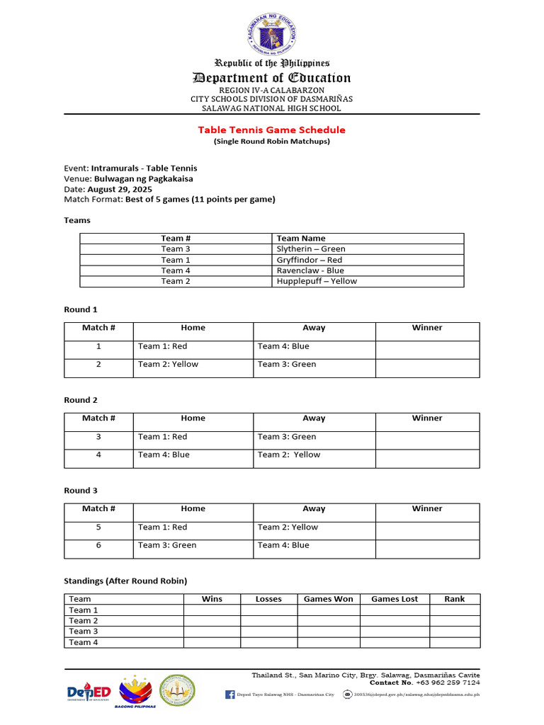 Table Tennis Game Schedule | PDF | Board Games Competitions | Competition