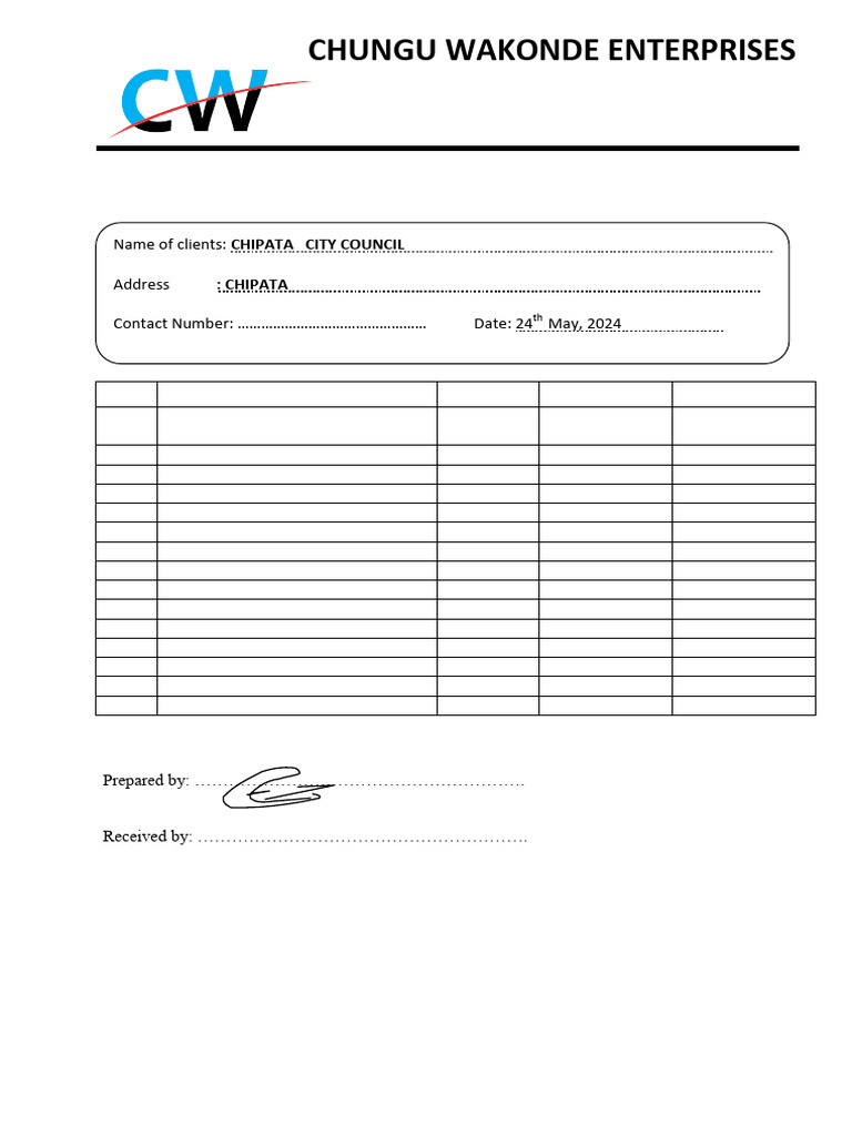 Chungu Wankonde Enterprises Quotation NEW SKIP DELIVERY NOTE II | PDF