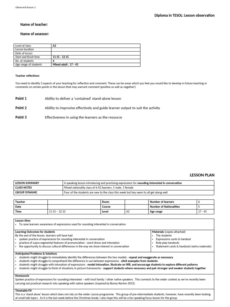 Example Plan 6 Very Good | PDF | English As A Second Or Foreign ...