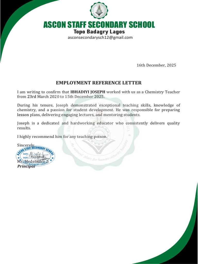 Employment Reference for Chemistry Teacher | PDF