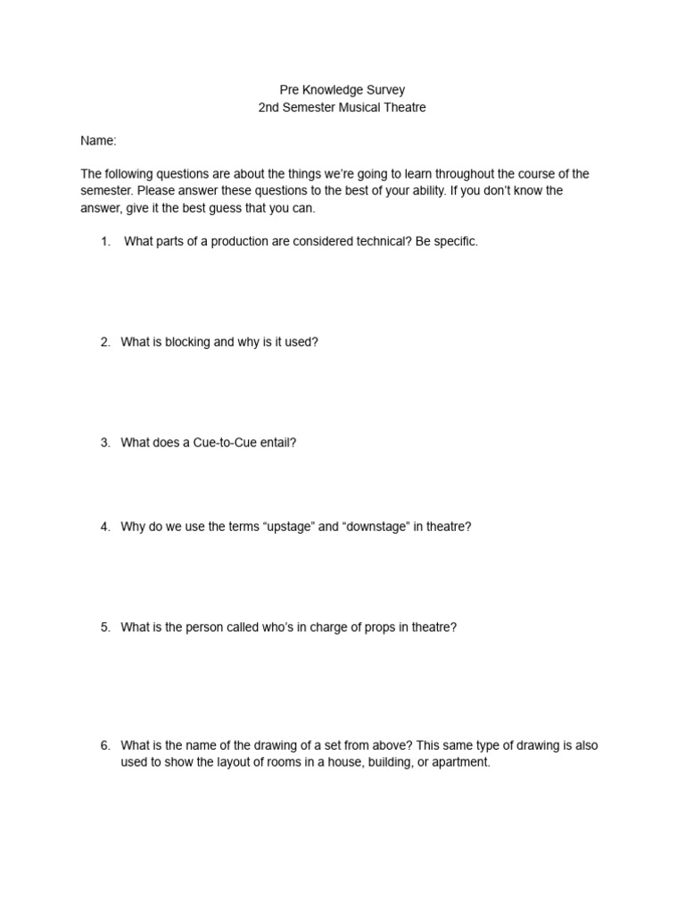 Pre Knowledge Survey Musical Theatre (1) | PDF
