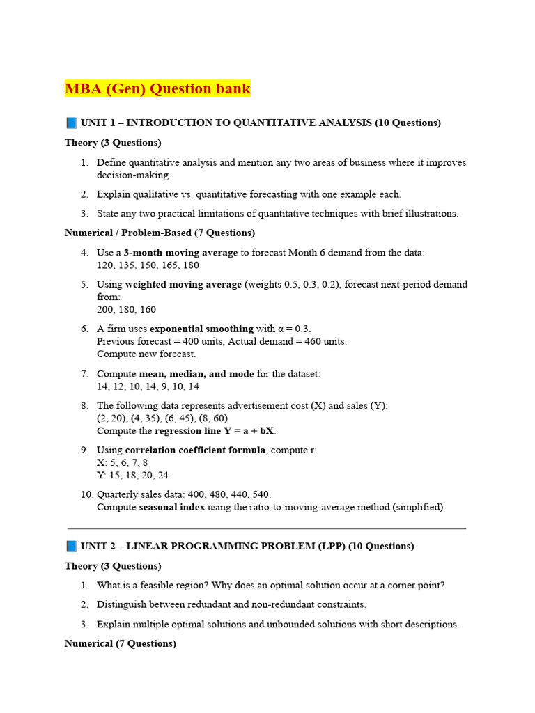 MBA Quantitative Analysis Question Bank | PDF | Applied Mathematics ...