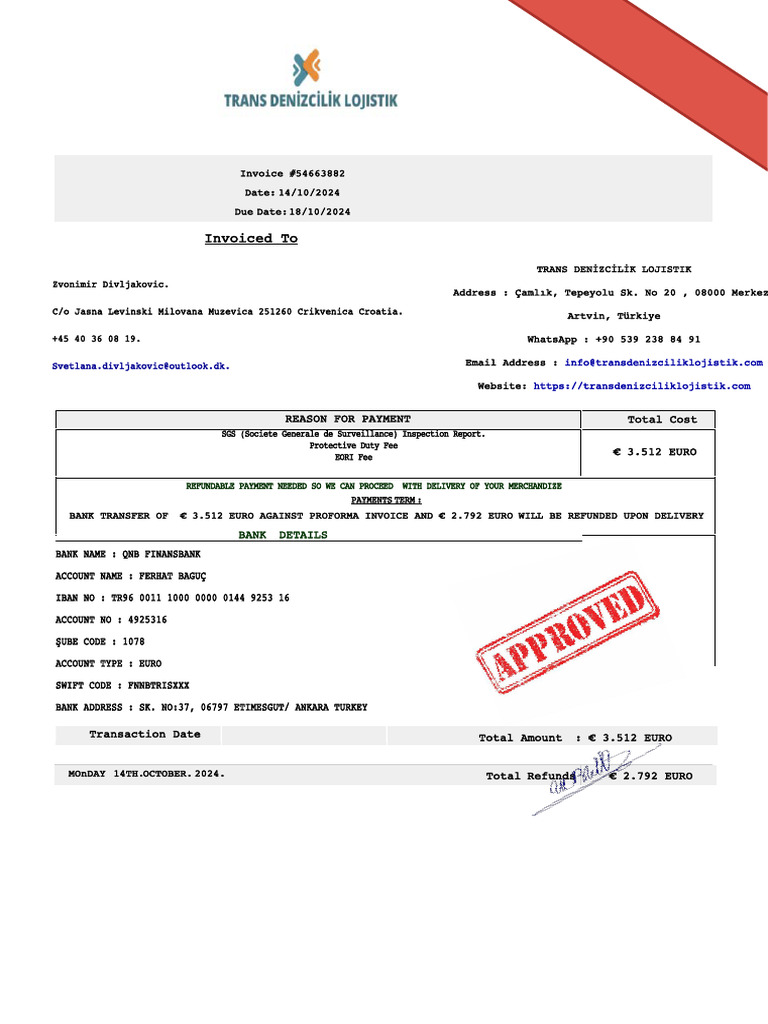 Invoice #54663882 for SGS Inspection | PDF | Banking | Services (Economics)