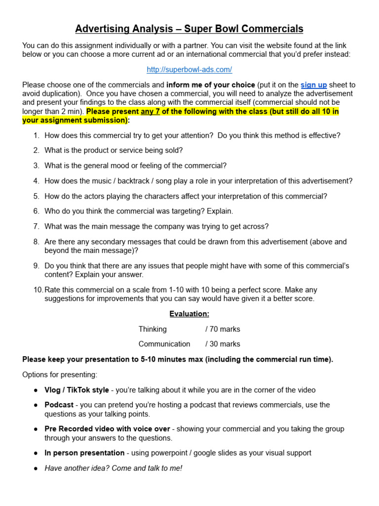 Super Bowl Commercials Analysis Guide | PDF | Evaluation | Advertising
