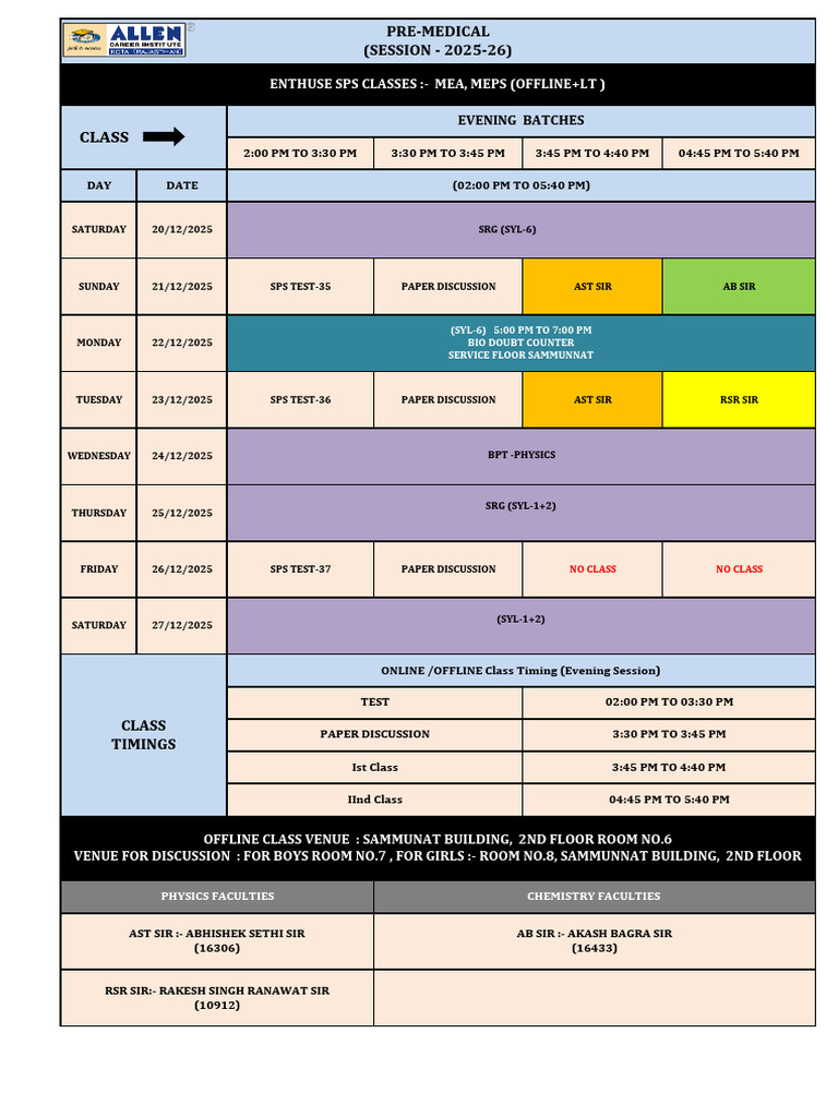 Updated Sps Plan A Schedule 20.12.25 To 27.12.25 | PDF