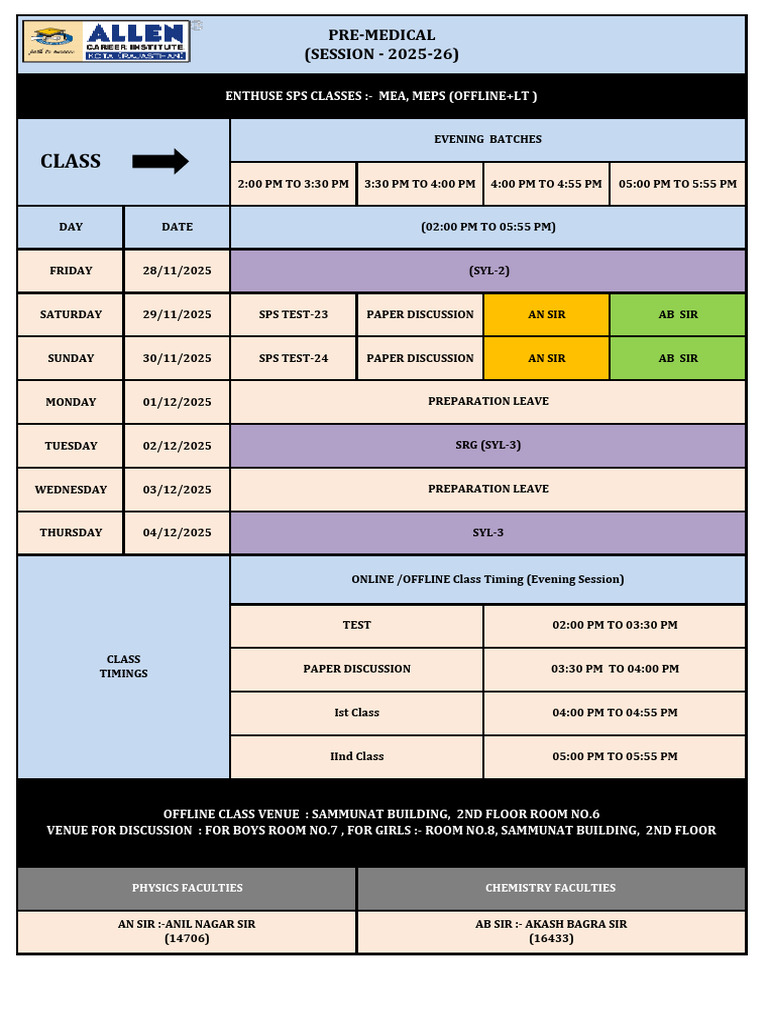 PLAN a SPS Class Schedule 28.11.25 to 04.12.25 | PDF