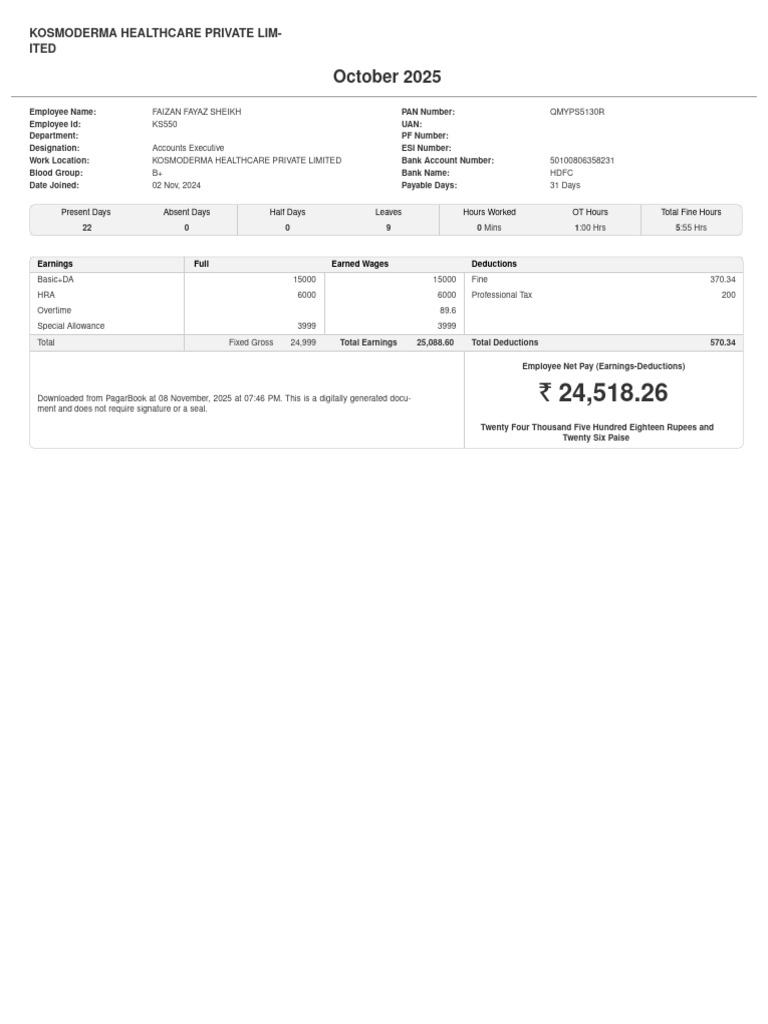 Salaryslip Faizan Fayaz Sheikh 1762611370394 | PDF | Taxation | Payments