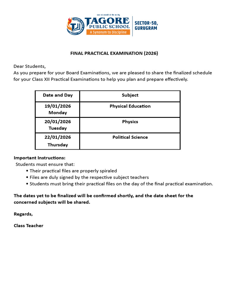 Final Practical Examination Datesheet | PDF