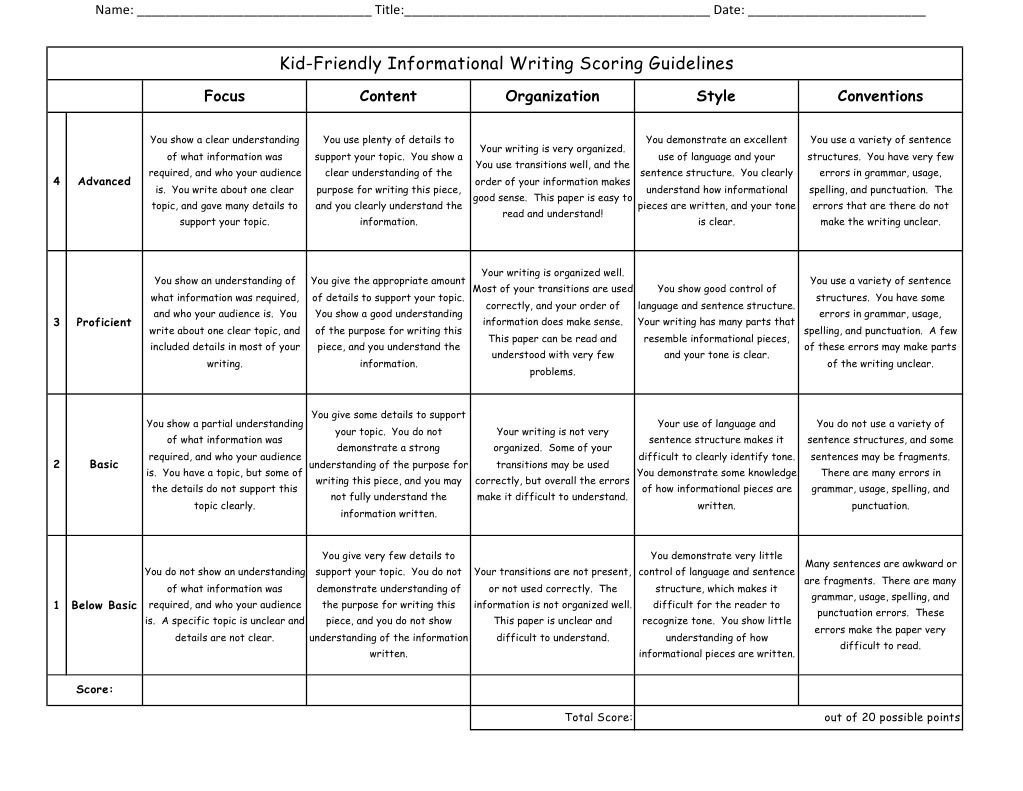 Kid Friendly Informational Rubric | PDF | Syntax | Information