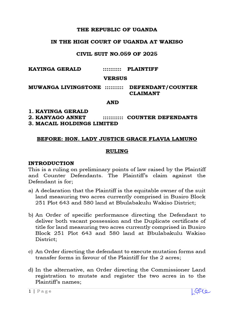 Kayinga Gerald v Muwanga Livingstone and Others 2025 UGHC 1072 (8 ...