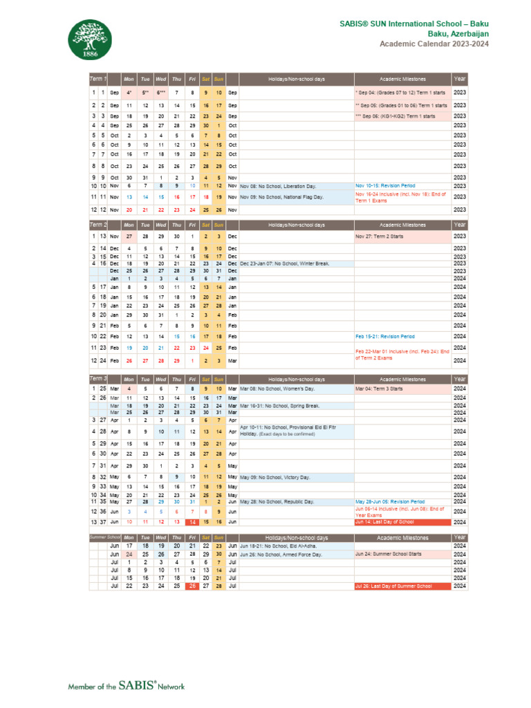 SABIS® SUN Baku Academic Calendar 2023-24 | PDF | Observances
