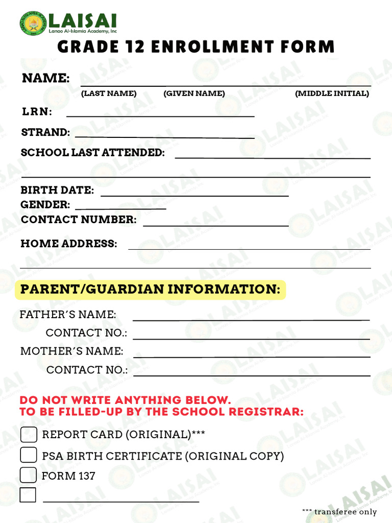 Grade 12 Enrollment Form Template | PDF