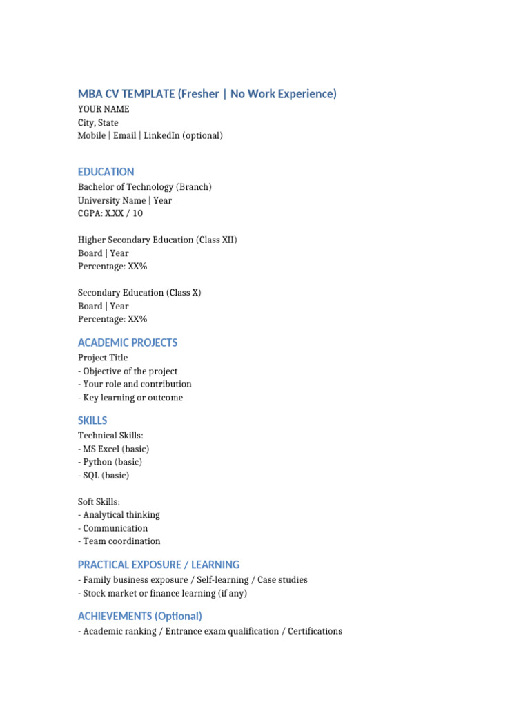 MBA CV Template for Fresh Graduates | PDF