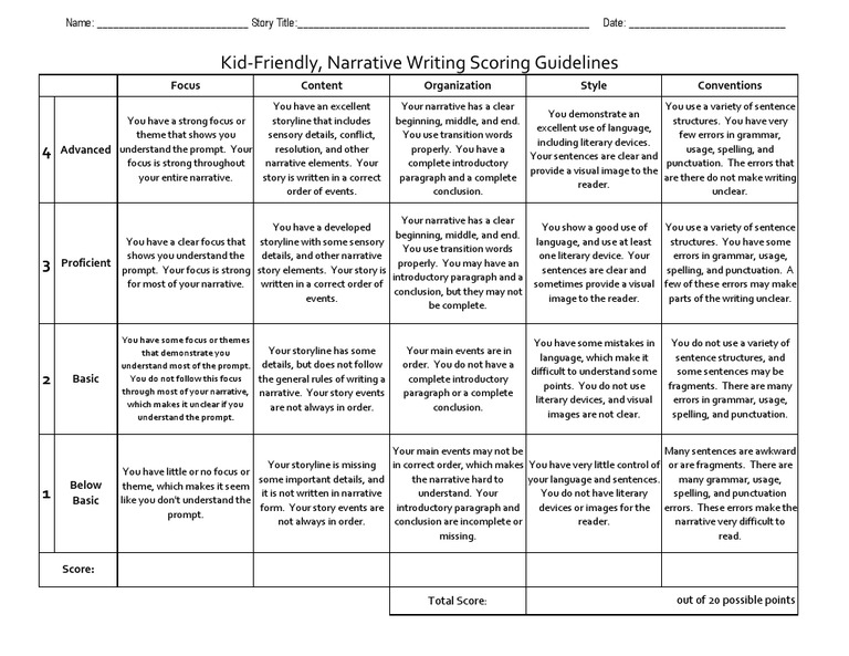 Kid Friendly Narrative Rubric | PDF | Narrative | Paragraph