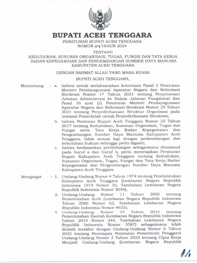 Perbup No 24 Tahun 2024_sotk Bkpsdm | PDF