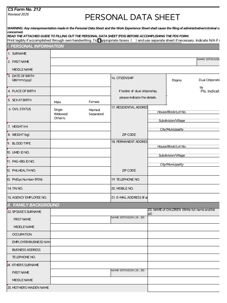 ANNEX H-1 - CS Form No. 212 Revised 2025 - Personal Data Sheet | PDF ...