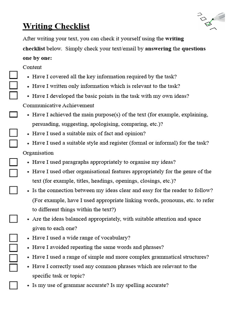 Essential Writing Checklist Guide | PDF | Vocabulary | Word