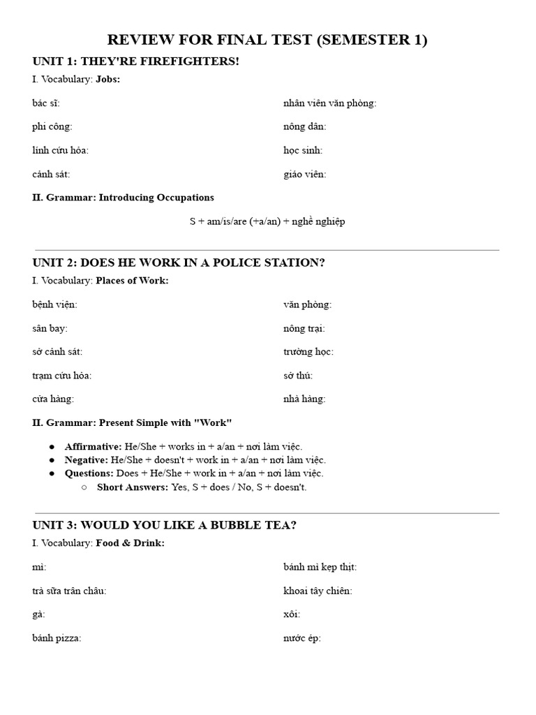Review for Final Test (Semester 1) | PDF | Vietnam