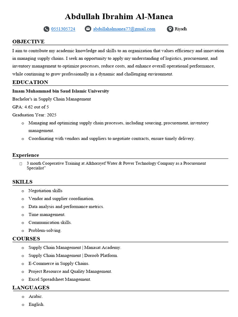 Abdullah Ibrahim Al-Manea: Supply Chain CV | PDF