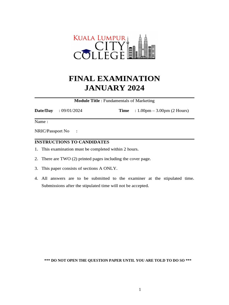 January 2024 Marketing Exam Guide | PDF
