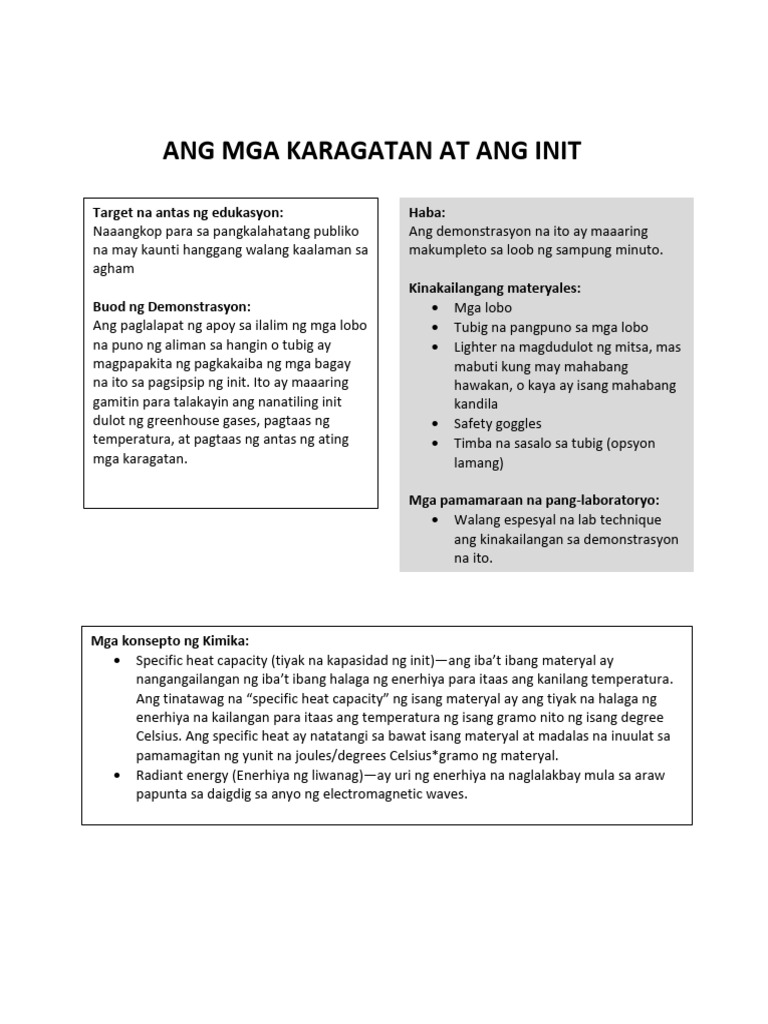 Oceans and Heat Experiment in Tagalog | PDF