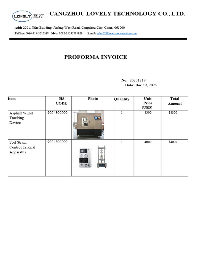 Proforma Invoice from Cangzhou Lovely Tech | PDF