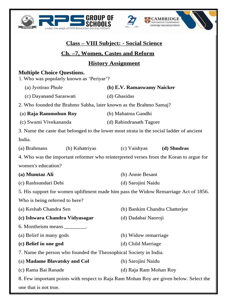 Answer Key Class - VIII Ch -7 & 8 (History), Ch -6, 7 & 8 (Civics) December Month Assignments ...
