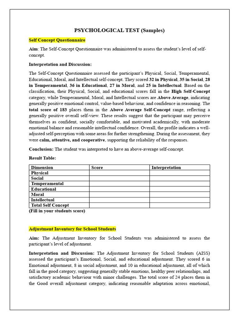 Psychological Assessment Results Summary | PDF | Self Concept ...