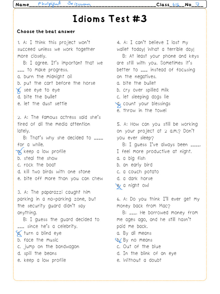 Idioms Test for Language Learners | PDF