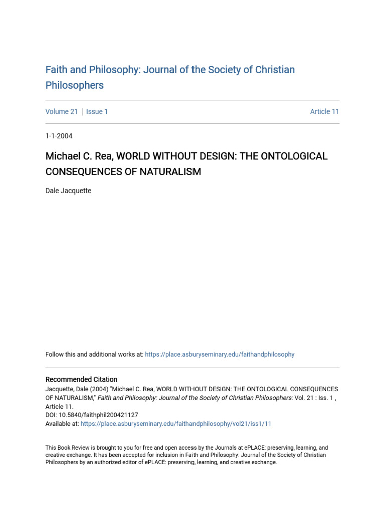 Michael c. Rea World Without Design_ the Ontological Consequence | PDF ...