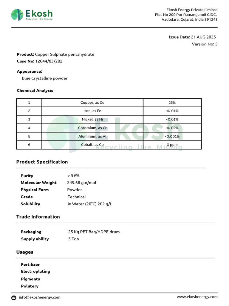 Ekosh Copper Sulphate Specification Data Sheet | PDF