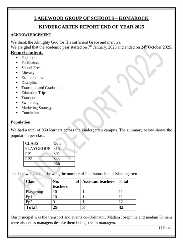 End Year Kindergarten Report For The Academic Year 2025 Report | PDF