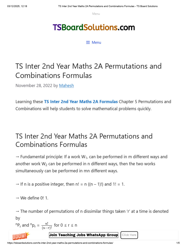 TS Inter 2nd Year Maths 2A Permutations and Combinations Formulas - TS ...