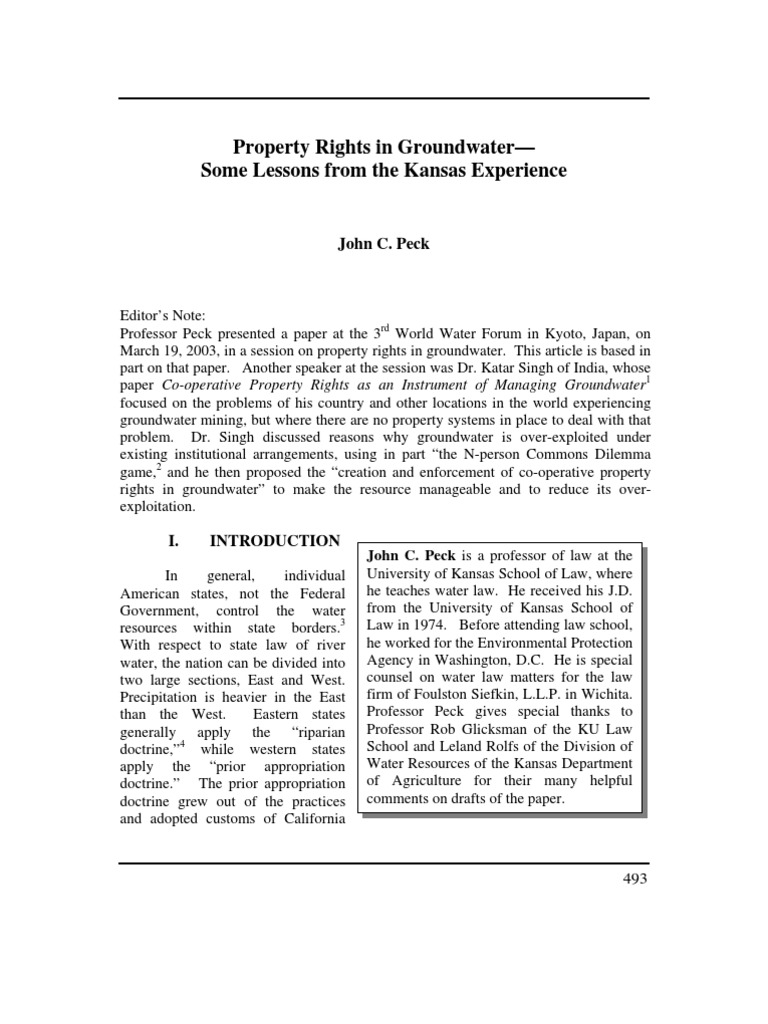 Property Rights in Groundwater - Some Lessons From The Kansas ...