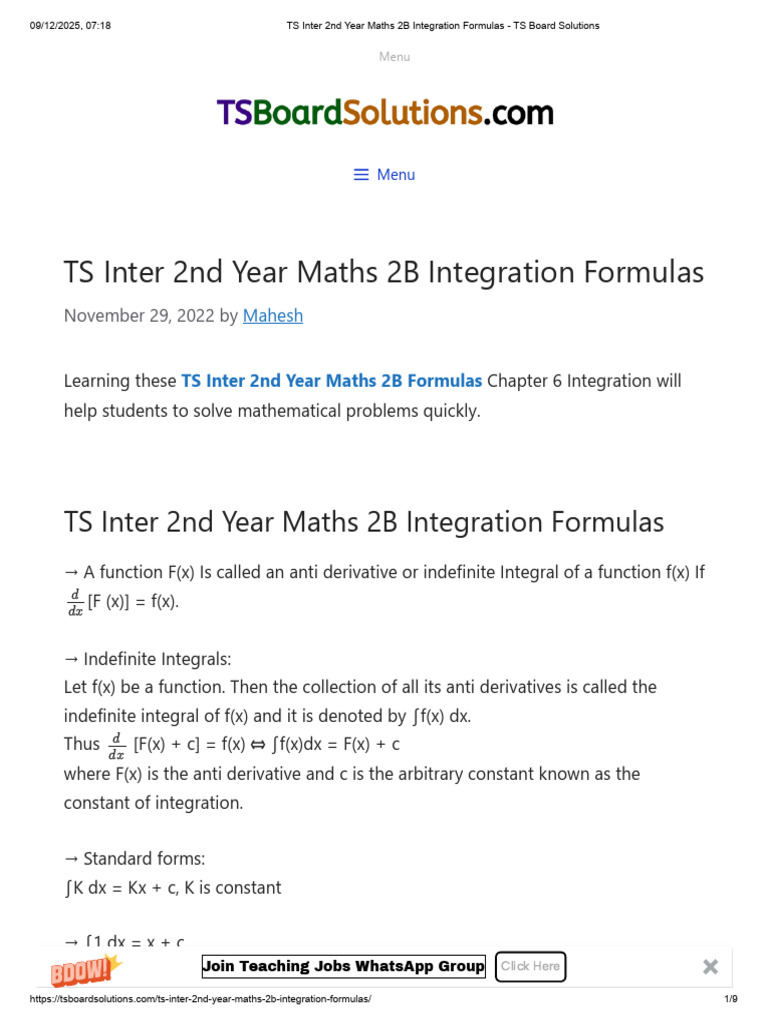TS Inter 2nd Year Maths 2B Integration Formulas - TS Board Solutions ...