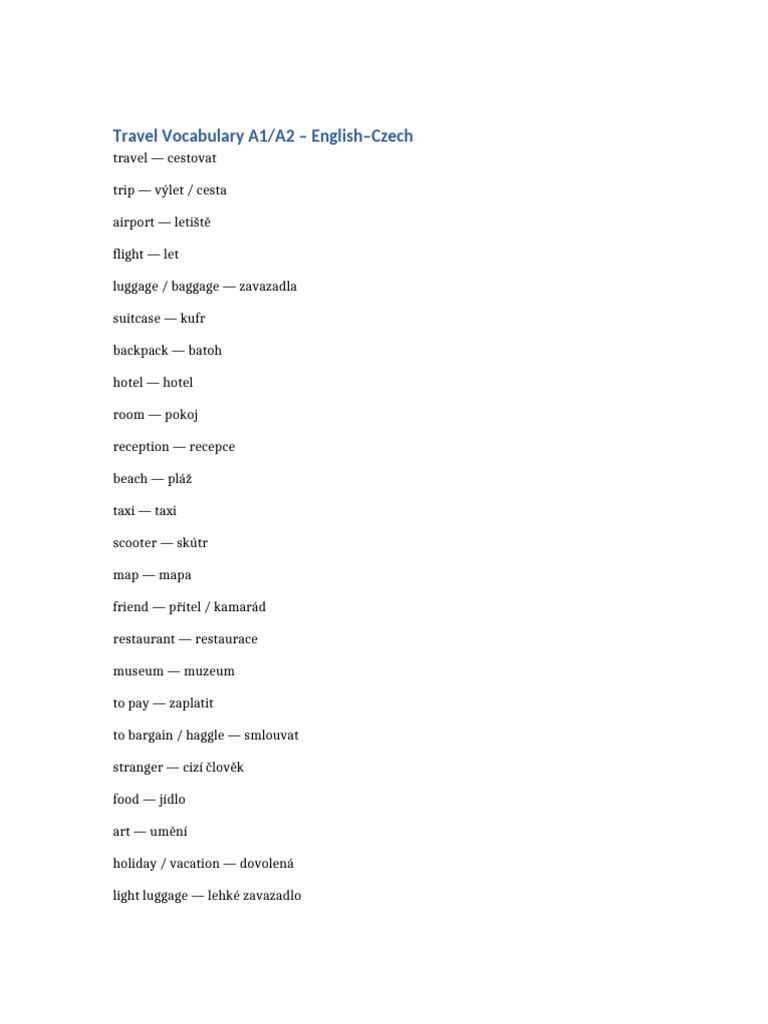 Travel Vocabulary A1 A2 | PDF