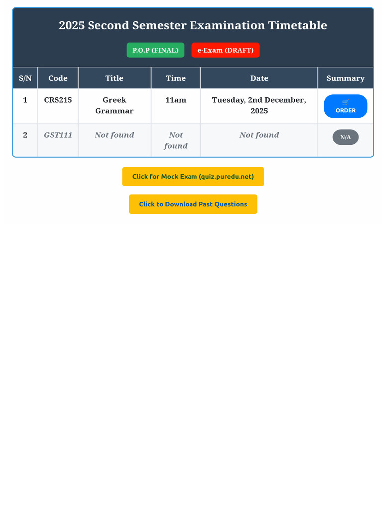 2025 Second Semester Examination Timetable | PDF