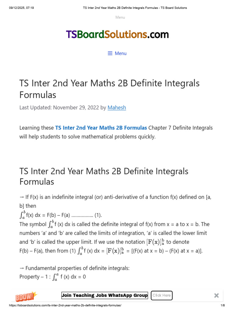TS Inter 2nd Year Maths 2B Definite Integrals Formulas - TS Board Solutions | PDF | Integral ...