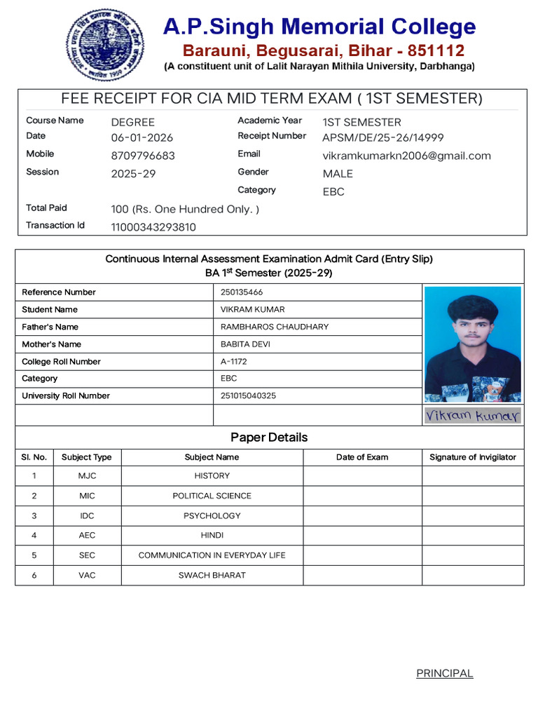Fee Receipt for CIA Mid Term Exam | PDF