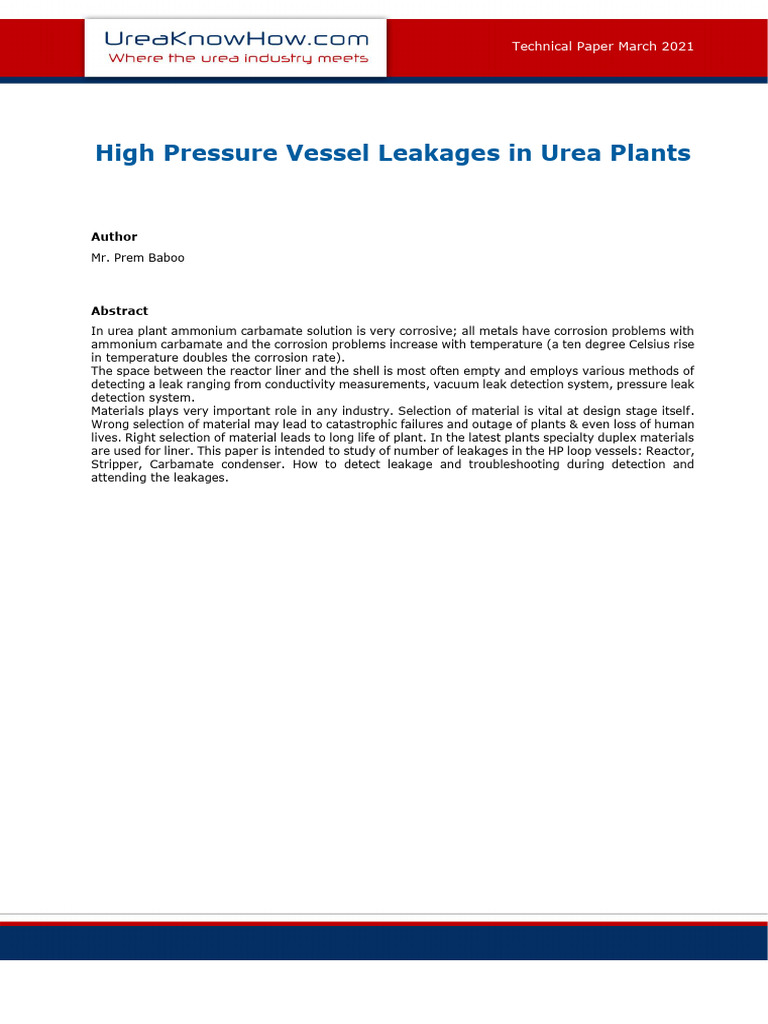 2021 03 Baboo High Pressure Vessel Leakages in Urea Plants | PDF | Urea ...