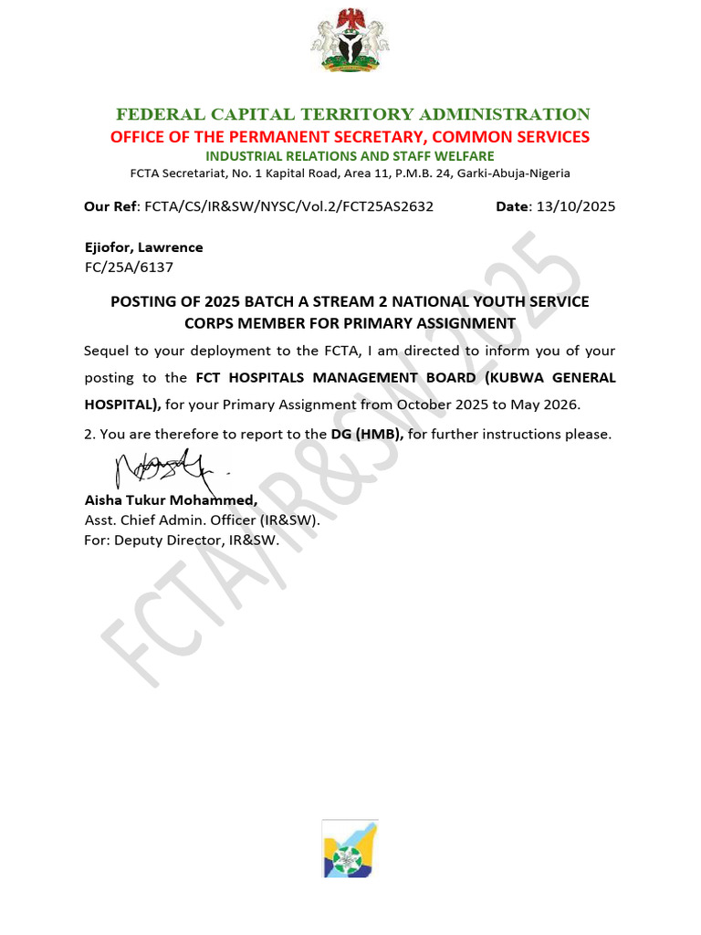 2025 NYSC Posting to FCT Hospitals | PDF