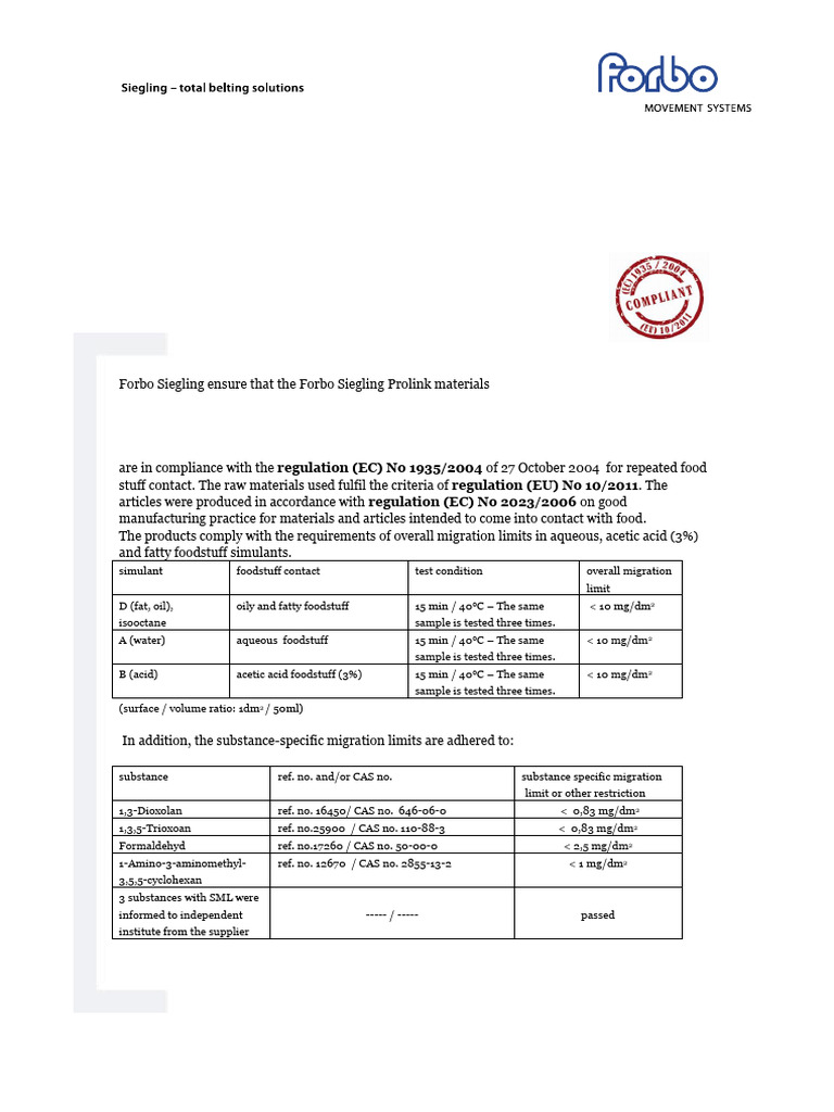 Forbo Siegling Food Contact Compliance | PDF | Regulation
