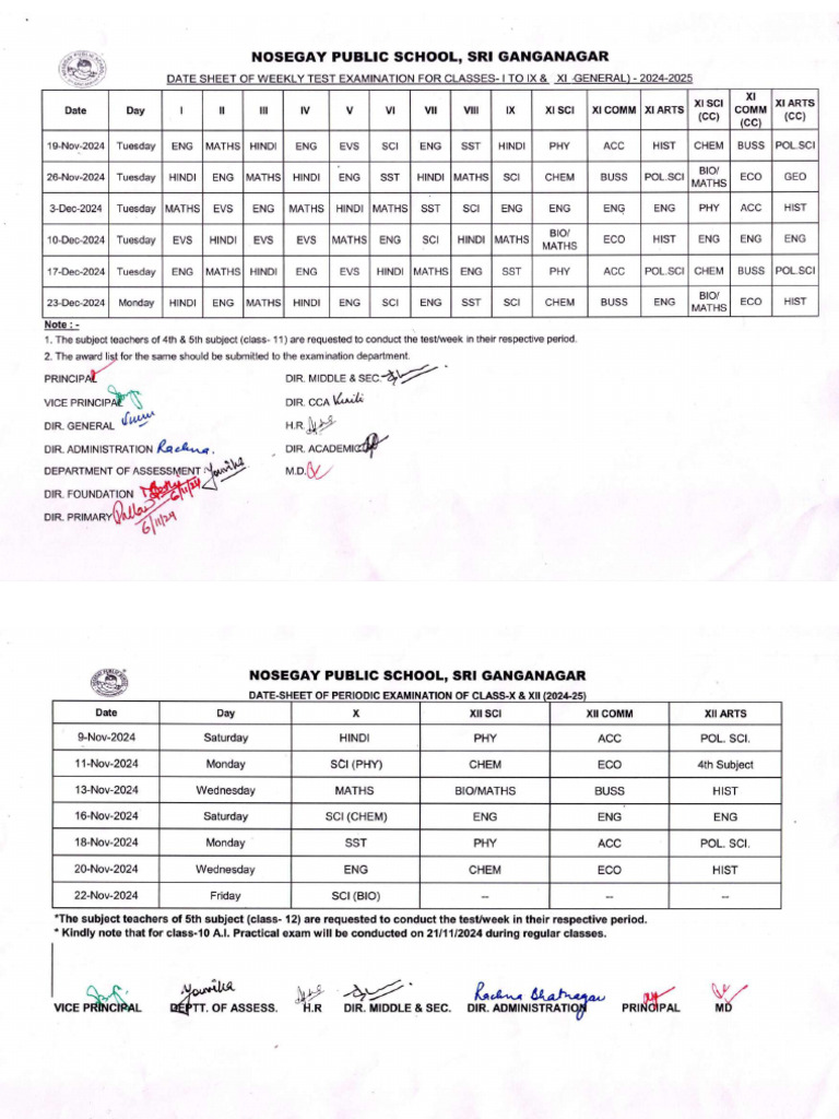 Date Sheet of Weekly Test Examination for Classes- i to Ix & Xi ...
