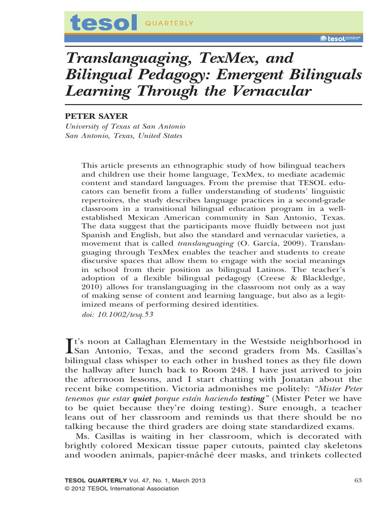 Peter Sayer - Translanguaging, TexMex, And Bilingual Pedagogy_ Emergent ...