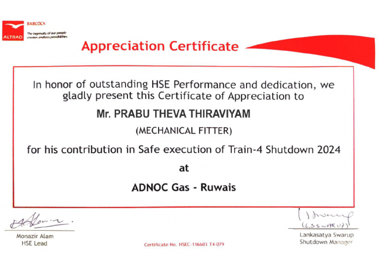 Prabu Adnoc - Appreciation Certificate | PDF